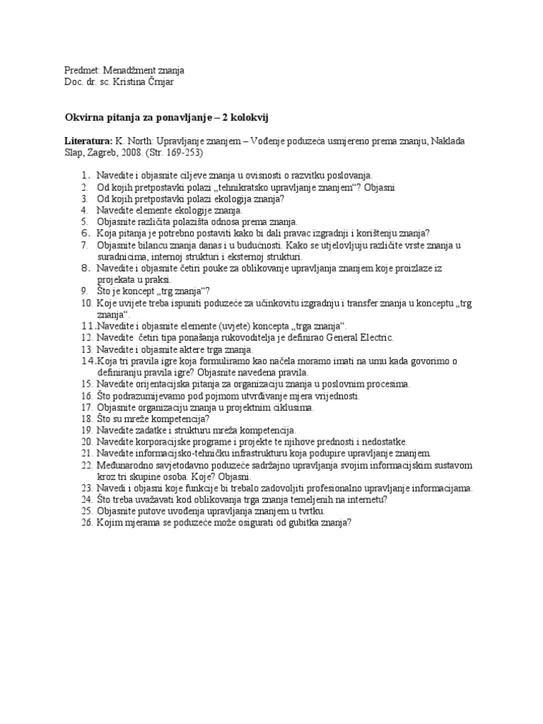 Menadzment Znanja - Pitanja 2. Kolokvij | PDF