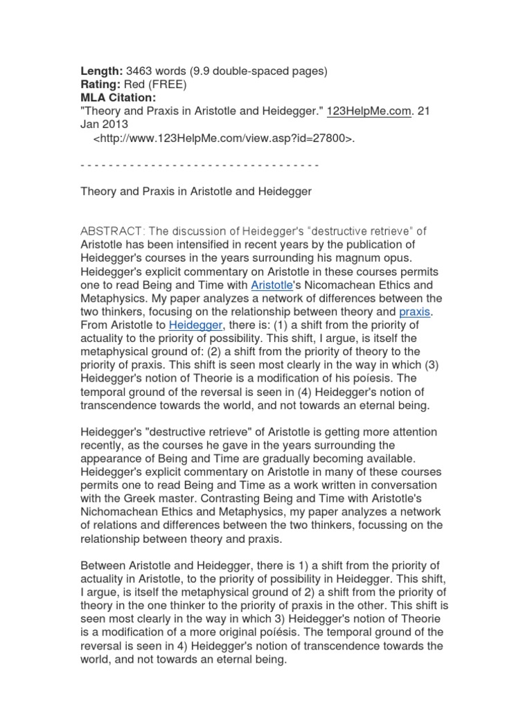 Aristotle & Heidegger: Theory vs. Praxis | PDF | Martin Heidegger | Nous