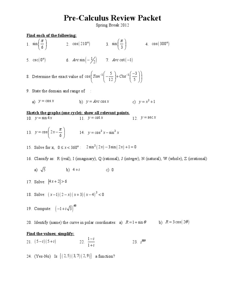 Pre-Calculus Review Packet: Arc Arc | PDF | Trigonometric Functions | Sine