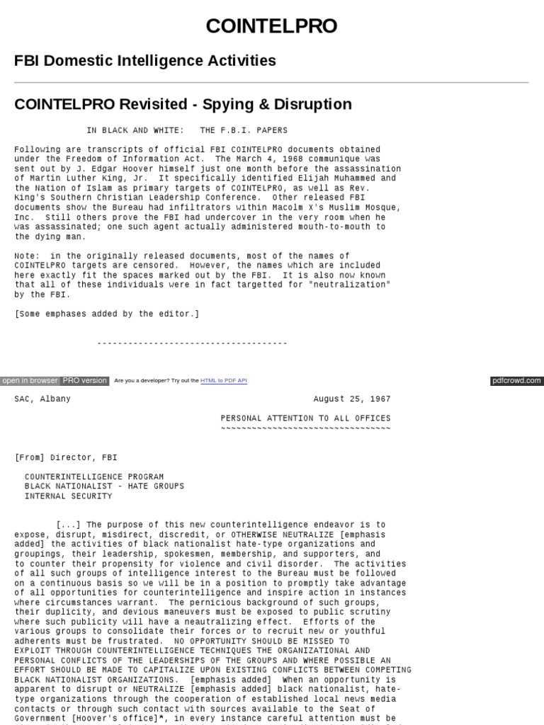 Cointelpro: FBI Domestic Intelligence Activities COINTELPRO Revisited ...