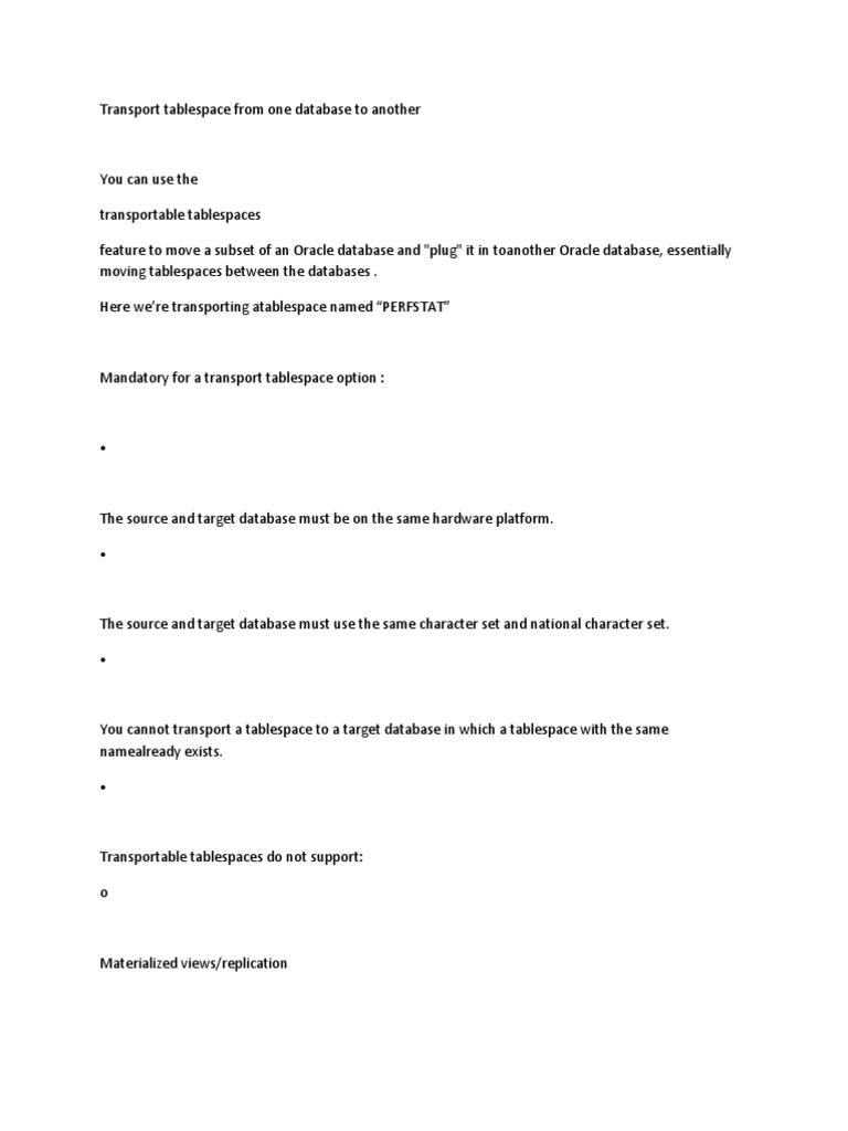 Transport Tablespace From One Database To Another | PDF | Oracle ...