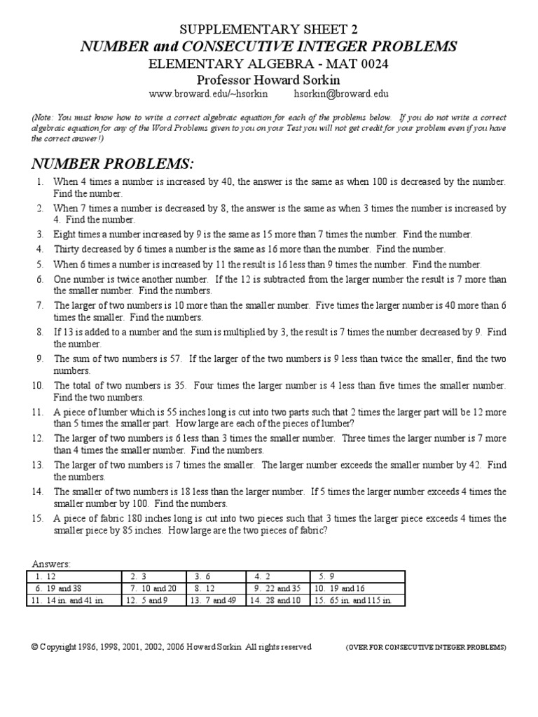 Number and Consecutive Integer Problems: Supplementary Sheet 2 ...