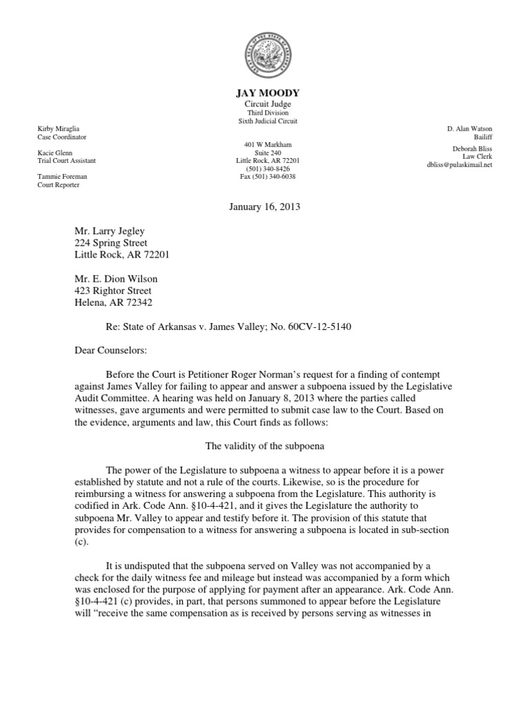 Letter Order - Judge Jay Moody | Contempt Of Court | Subpoena
