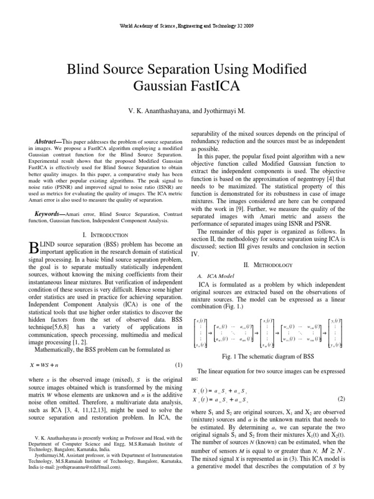 Blind Source Separation Using Modified Gaussian Fastica: V. K. Ananthashayana, and Jyothirmayi M ...