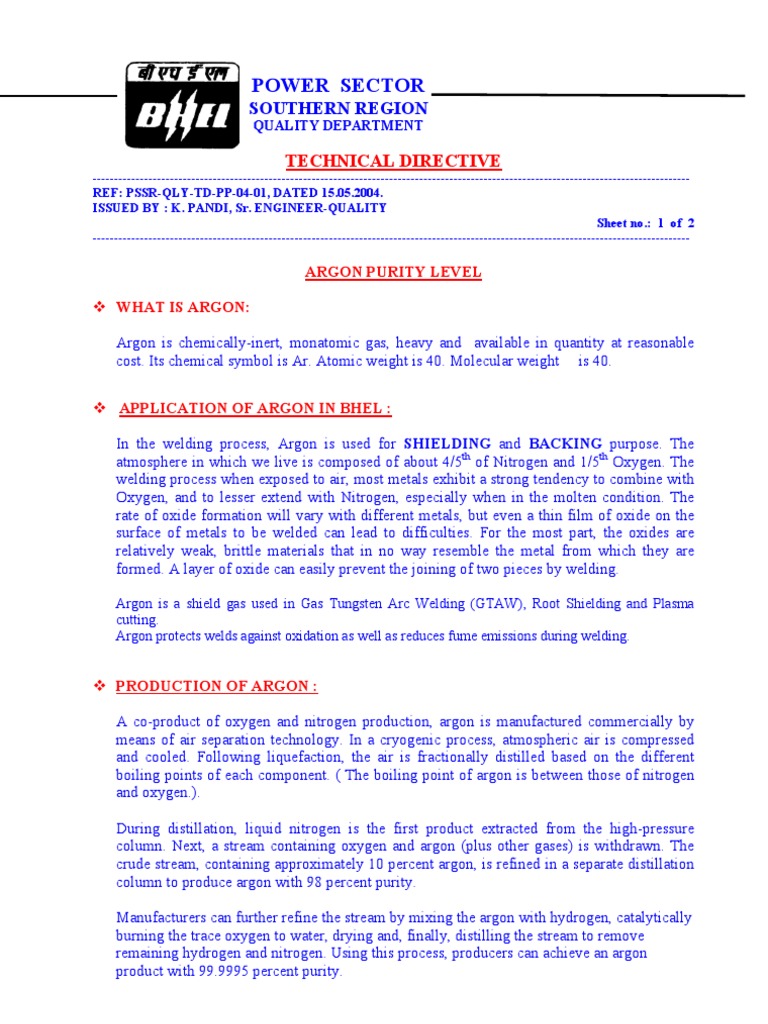 Argon Purity Level | PDF | Argon | Welding