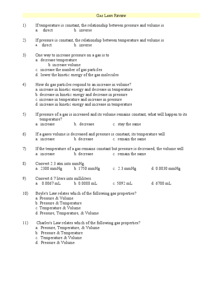 Gas Laws Multiple Choice Review | PDF | Gases | Temperature