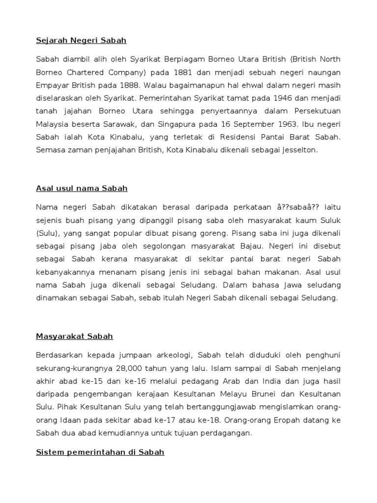 Sejarah Negeri Sabah | PDF