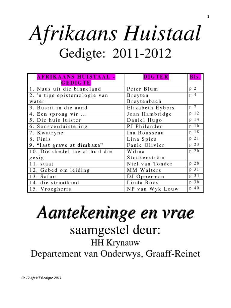 Afrikaans Huistaal: Gedigte: 2011-2012