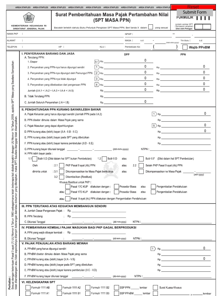 Formulir SPT Masa PPN 1111 | PDF