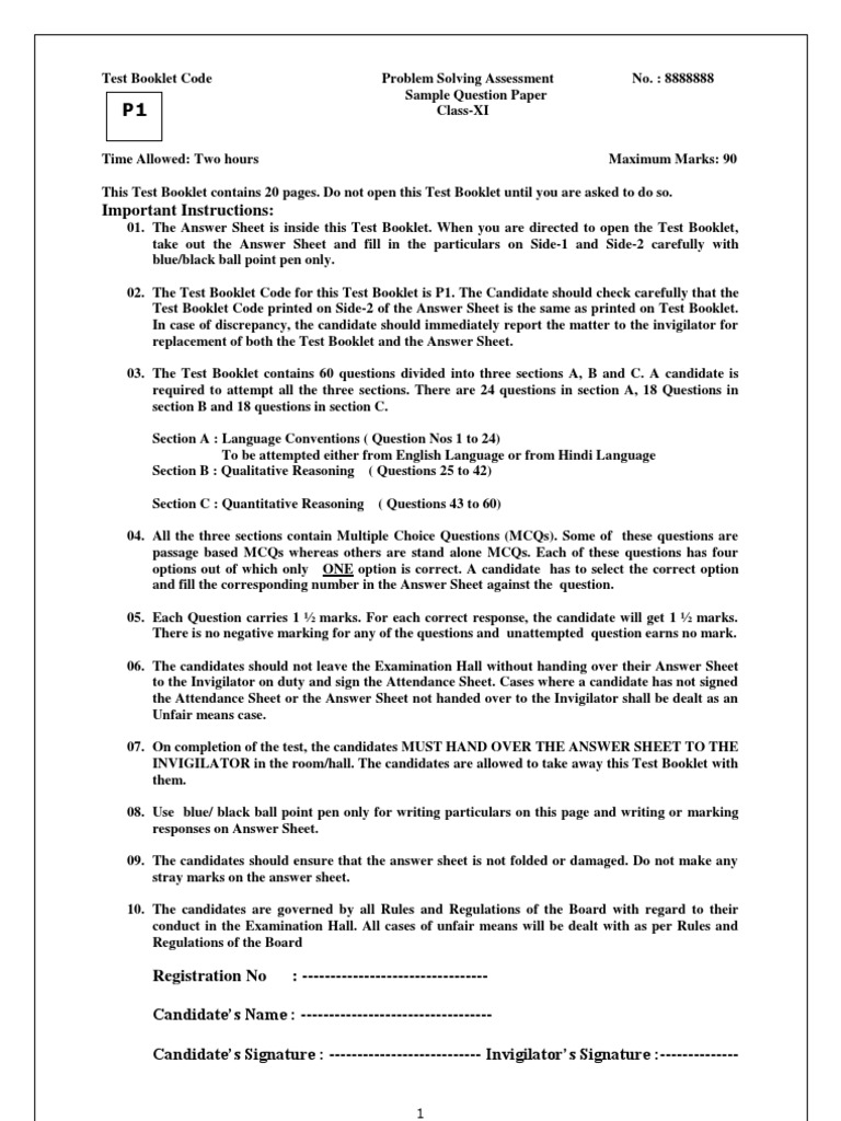 Problem Solving Assessment - Class XI - 2012-13 Sample Paper by CBSE ...