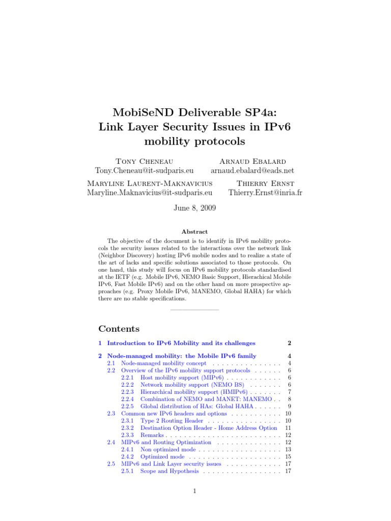 Mobisend Deliverable Sp4A: Link Layer Security Issues in Ipv6 Mobility ...