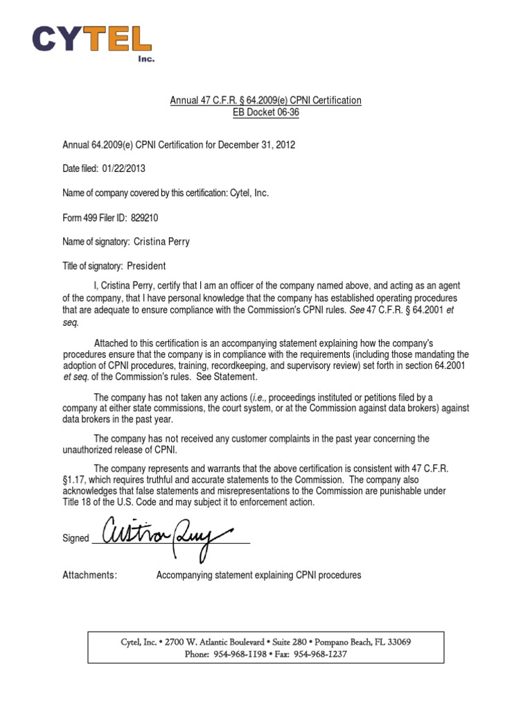 Cytel, Inc. 2012 CPNI Certification | PDF | Justice | Crime & Violence