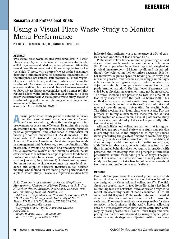Comstock - Using A Visual Plate Waste Study To Monitor | PDF ...