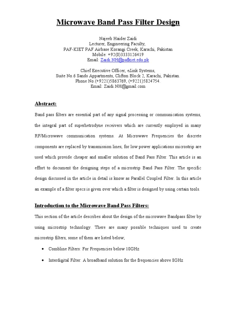 Band Pass Filter Design | PDF | Electronic Filter | Microwave