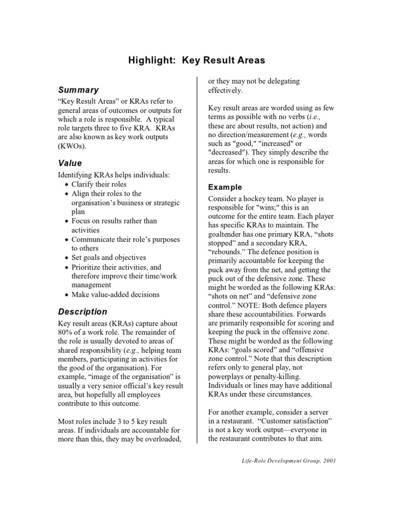 Key Result Areas (KRA) | PDF | Goal | Accountability