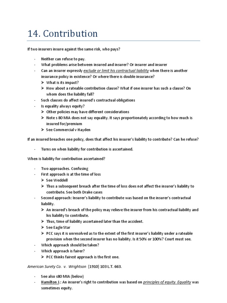 Principle of Contribution in Insurance | PDF | Liability Insurance ...