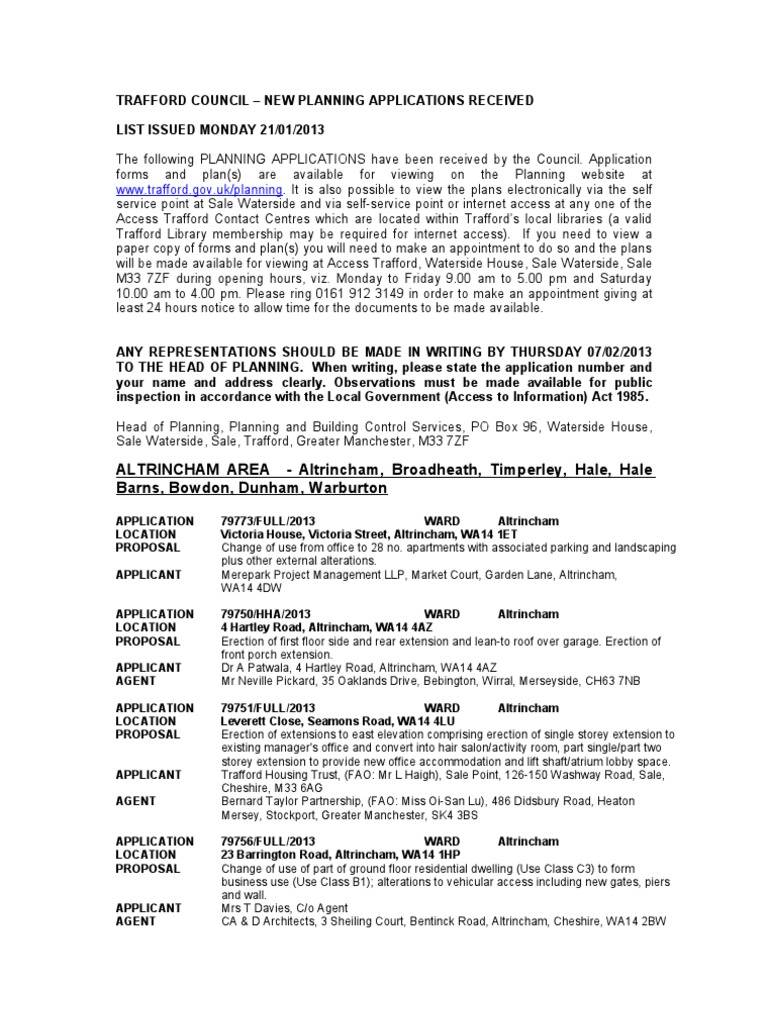 Trafford Council - Planning Applications List | PDF | Transport | Business