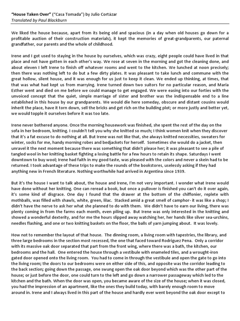 Julio Cortazar - House Taken Over | PDF | Room | Decorative Arts