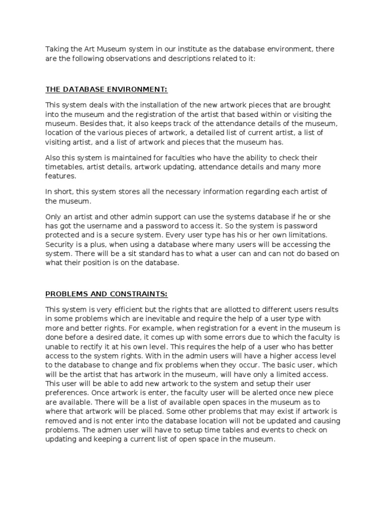 Art Museum Database | PDF | User (Computing) | Databases Art Museum Database | PDF | User (Computing) | Databases