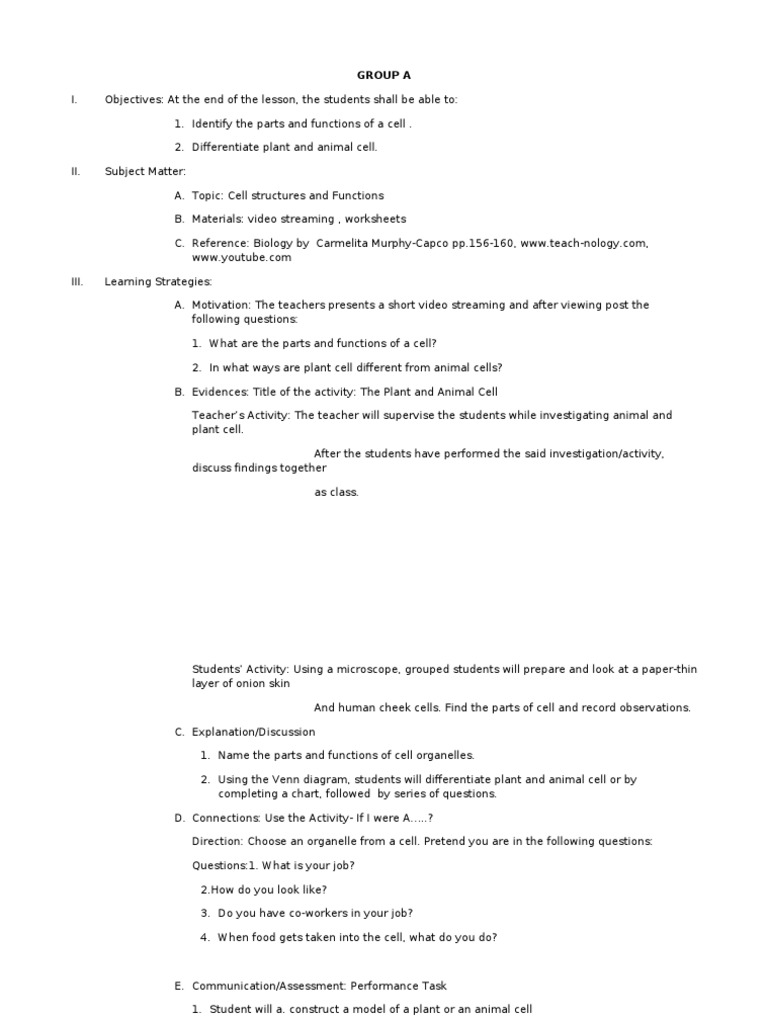 Lesson Plan On Cell Structures and Functions | PDF