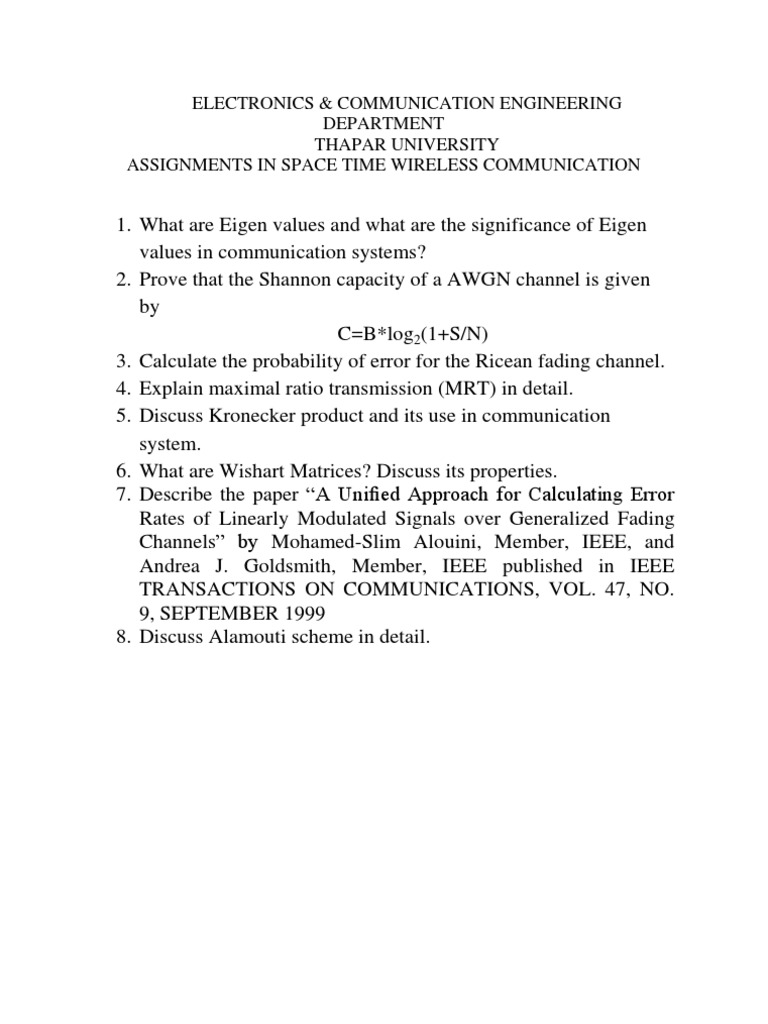 Electronics & Communication Engineering Department Thapar University Assignments in Space Time ...