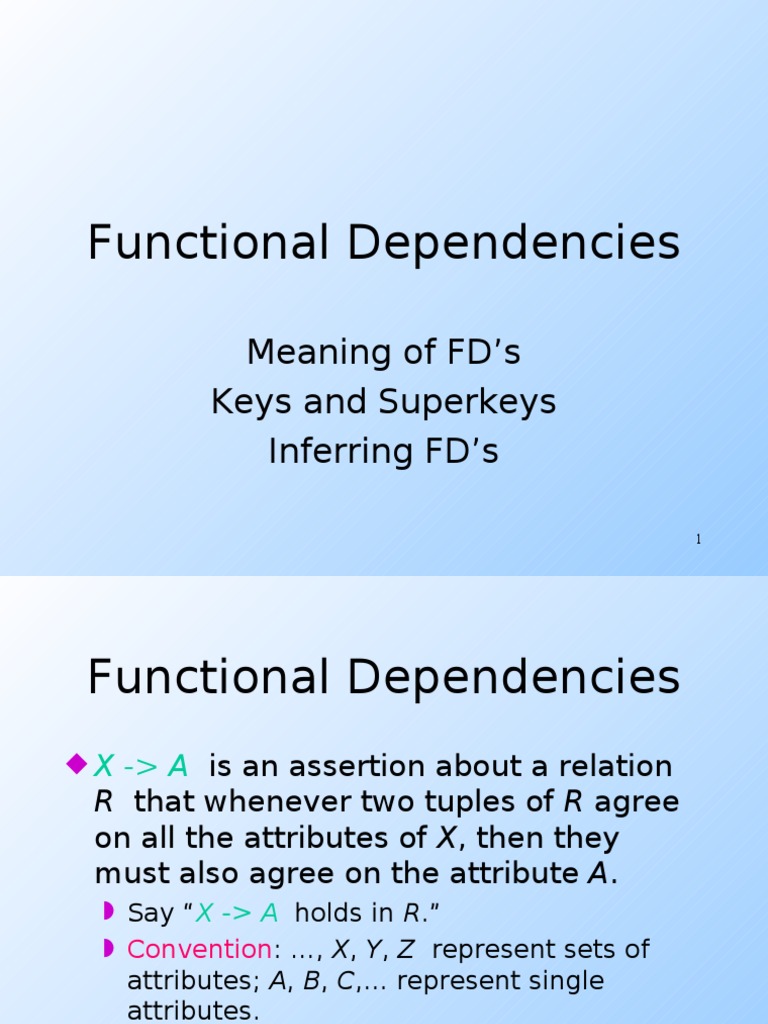 Functional Dependencies: Meaning of FD's Keys and Superkeys Inferring FD's | PDF | Areas Of ...