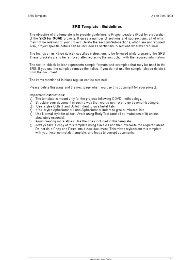 SRS Template - Guidelines: Important Instructions | PDF | Use Case ...