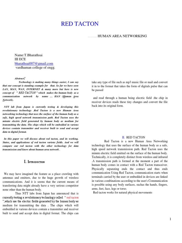 Red Tacton: Human Area Networking Tech | PDF | Photonics | Transmitter