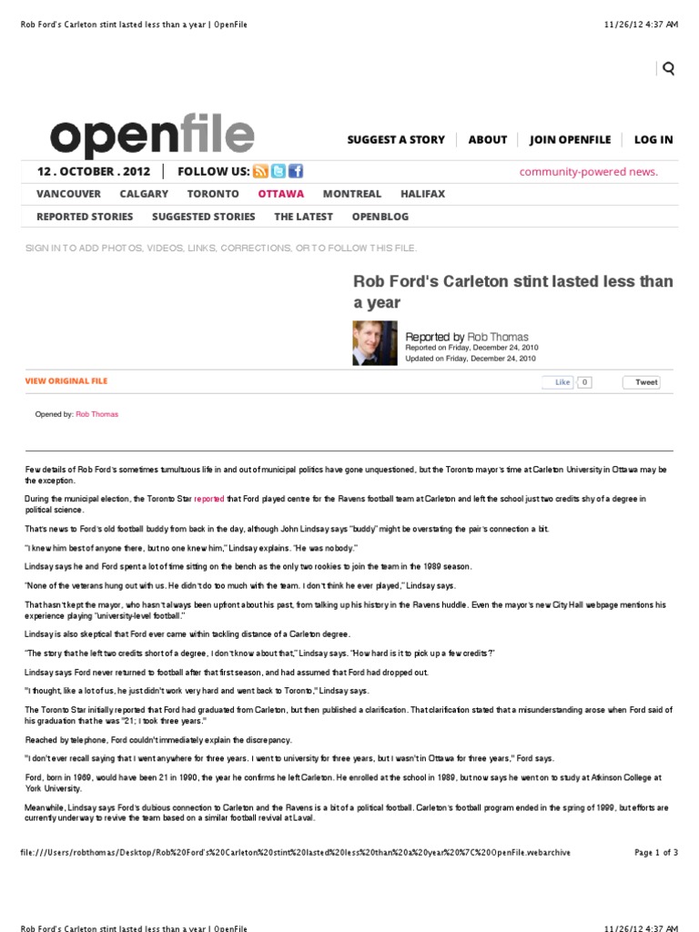 Rob Ford's Carleton Stint Lasted Less Than A Year | PDF | World Wide ...