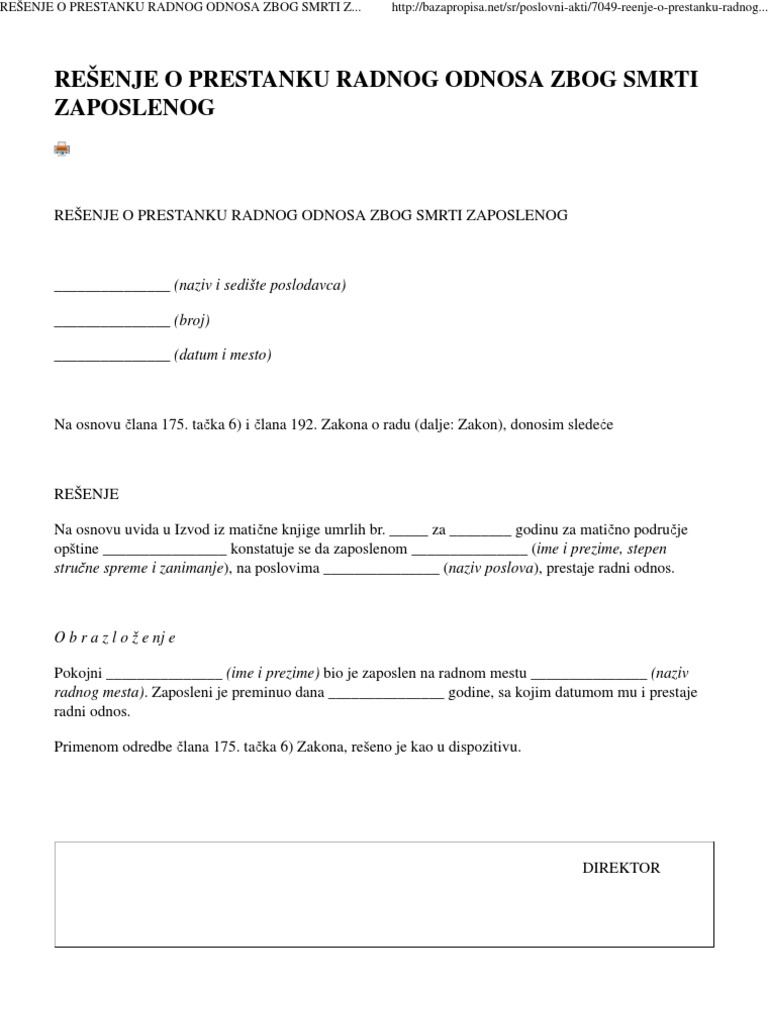 Resene o Prestanku Radnogodnosa Zbog Smrti Zaposlenog | PDF