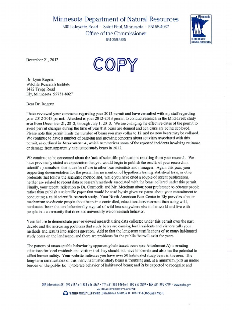 DNR Letter To Bear Researcher Lynn Rogers | PDF