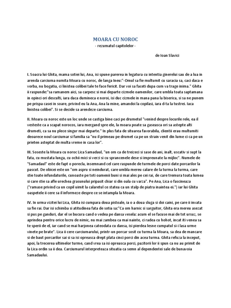Moara Cu Noroc (Rezumat Si Comentariu) | PDF