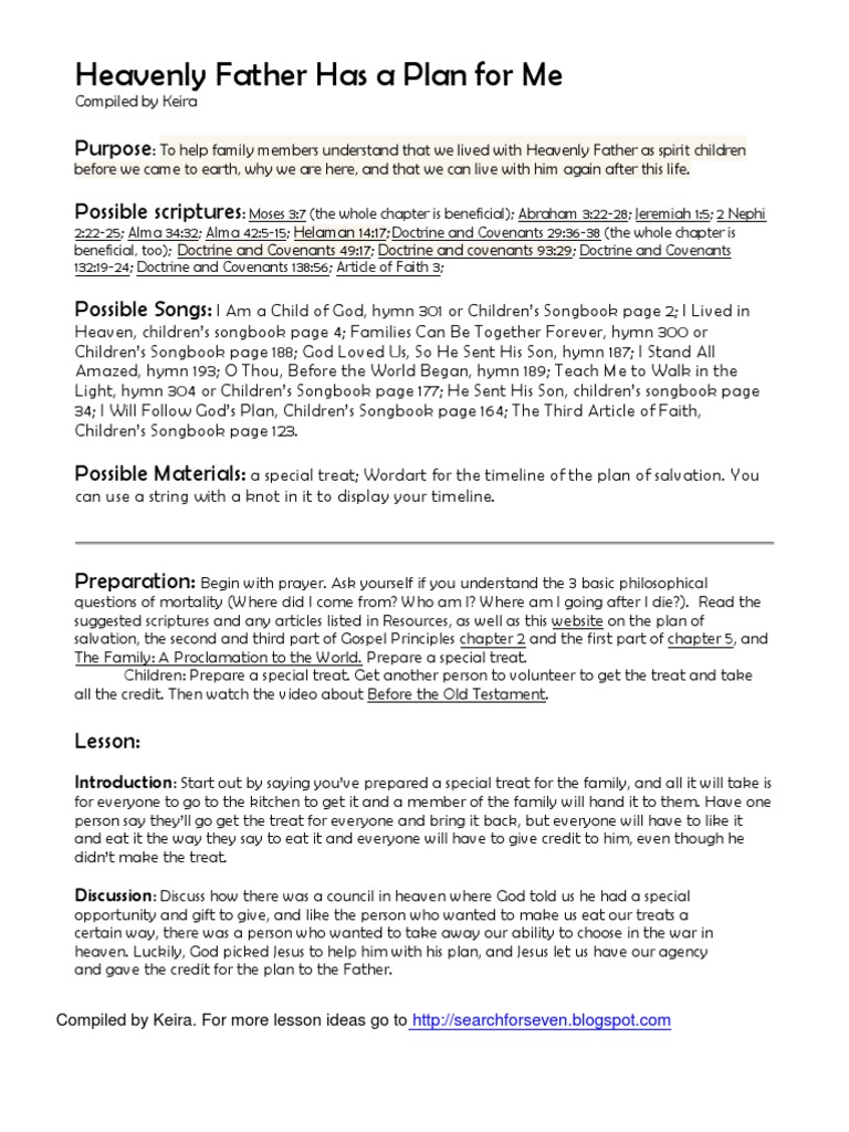 Heavenly Father Has A Plan For Me FHE | PDF | Plan Of Salvation (Latter ...