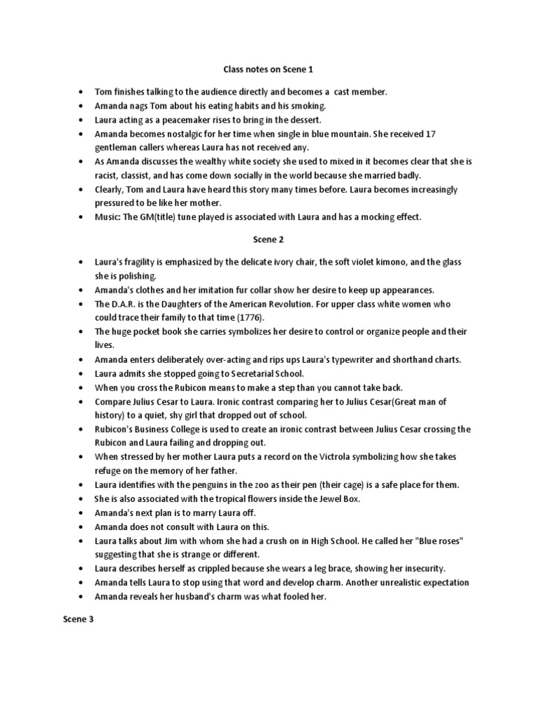 The Glass Menagerie Summary Notes Scenes 1-7 | PDF