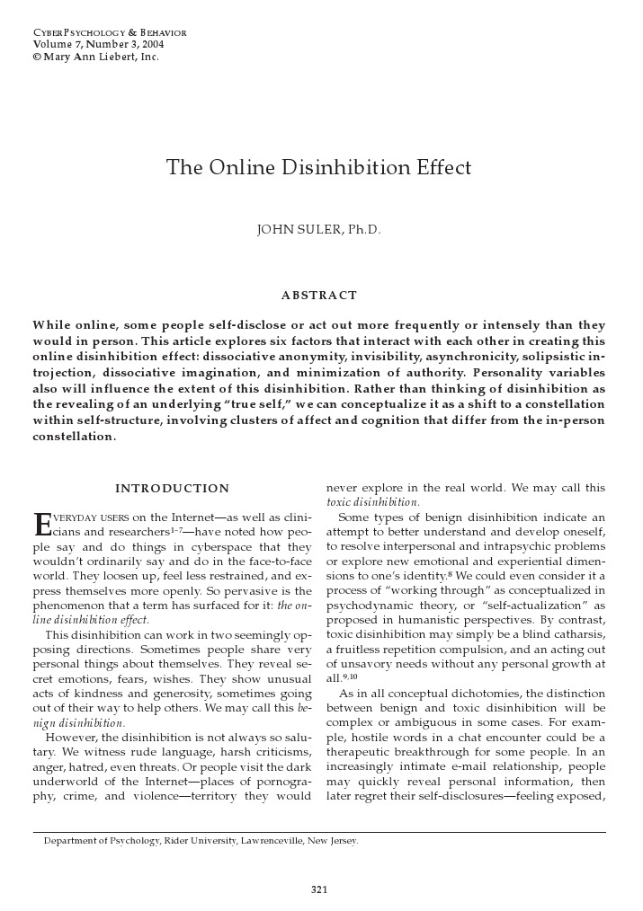 The Online Disinhibition Effect | PDF | Self | Imagination