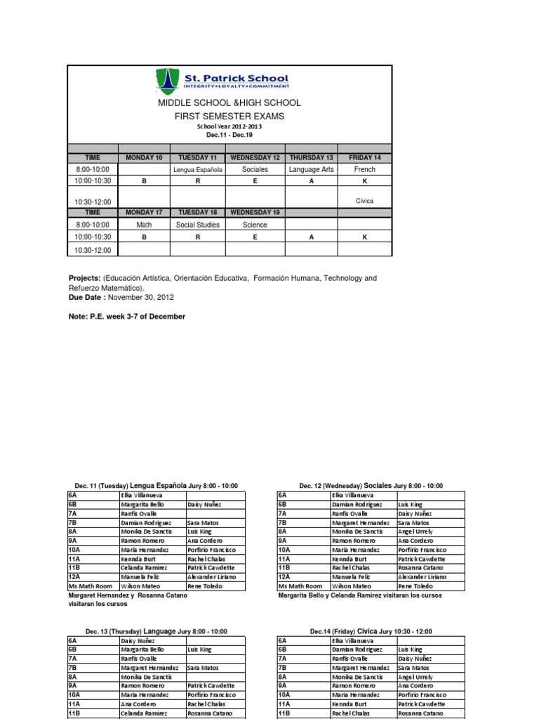 1st Semester Exam Schedule 12-13 | Schools | School Types