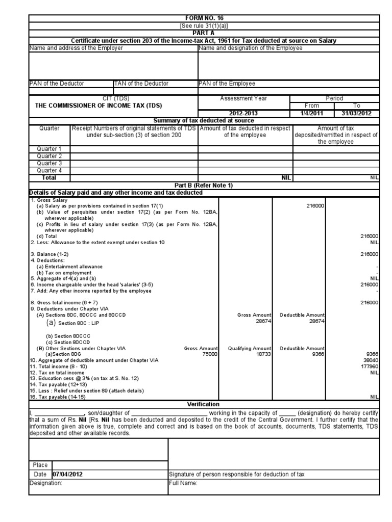 Form 16 , Tax deduction at source... income tax of India | Income Tax ...