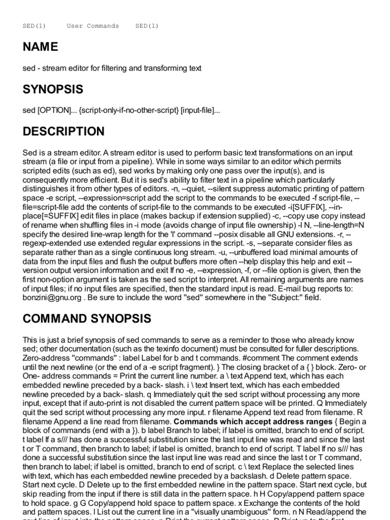SED (1) User Commands SED | PDF | Regular Expression | Computer Programming