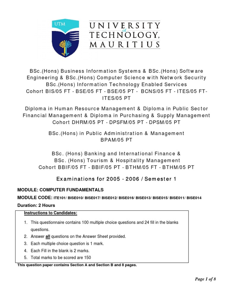 Examinations For 2005 - 2006 / Semester 1: Module: Computer Fundamentals Module Code: Duration ...