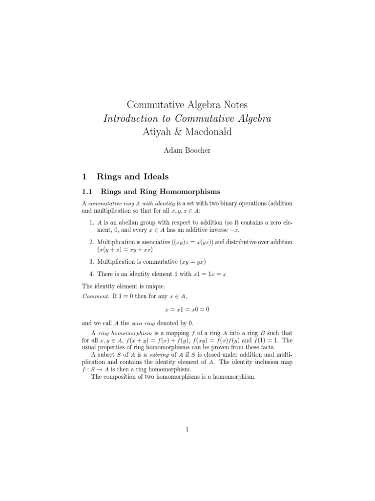 Commutative Algebra Notes Introduction To Commutative Algebra Atiyah ...