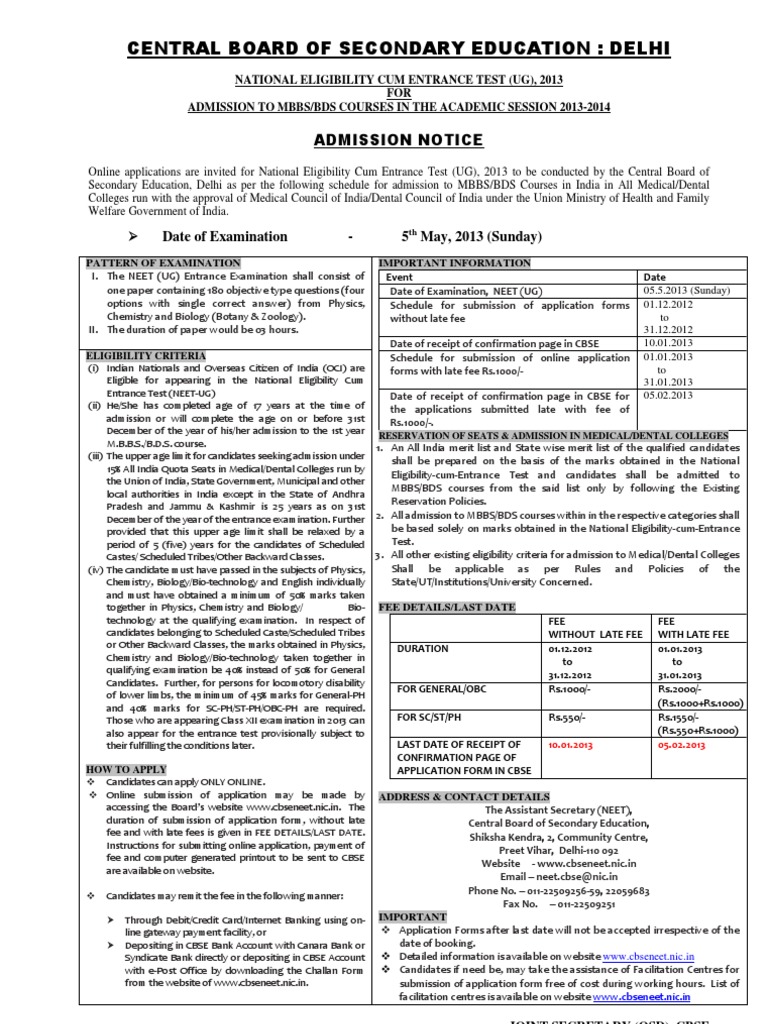 NEET 2013 Admission Notice and Details | PDF