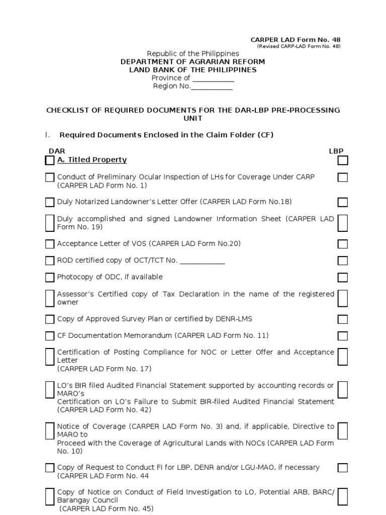 DAR-LBP Clearance Document Checklist | PDF | Surveying | Land Law