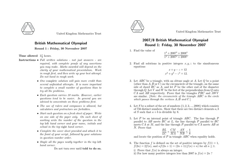 British Mathematical Olympiad 2007/8 British Mathematical Olympiad ...