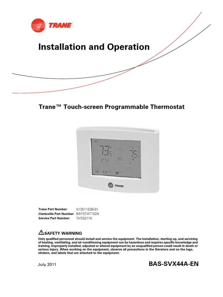 Installation and Operation: Trane™ Touch-screen Programmable Thermostat