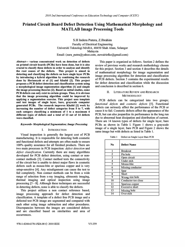 Printed Circuit Board Defect Detection Using Mathematical Morphology