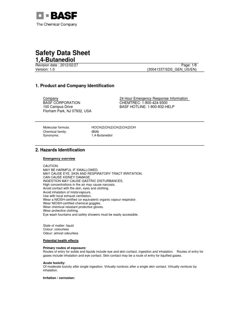 1,4 Butanediol MSDS | PDF | Toxicity | Firefighting