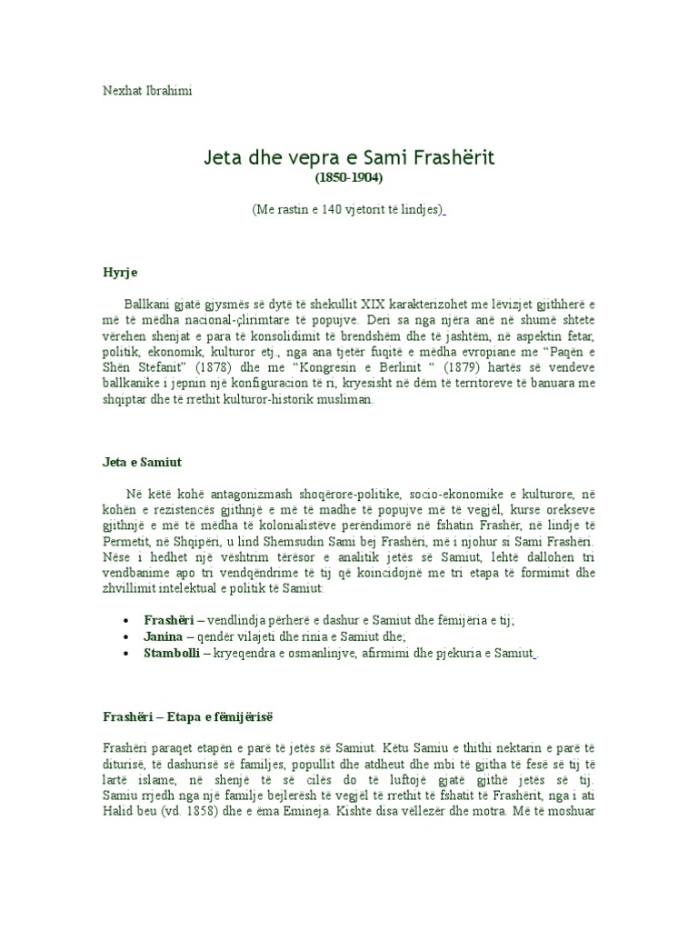 Jeta Dhe Vepra e Sami Frashërit | PDF