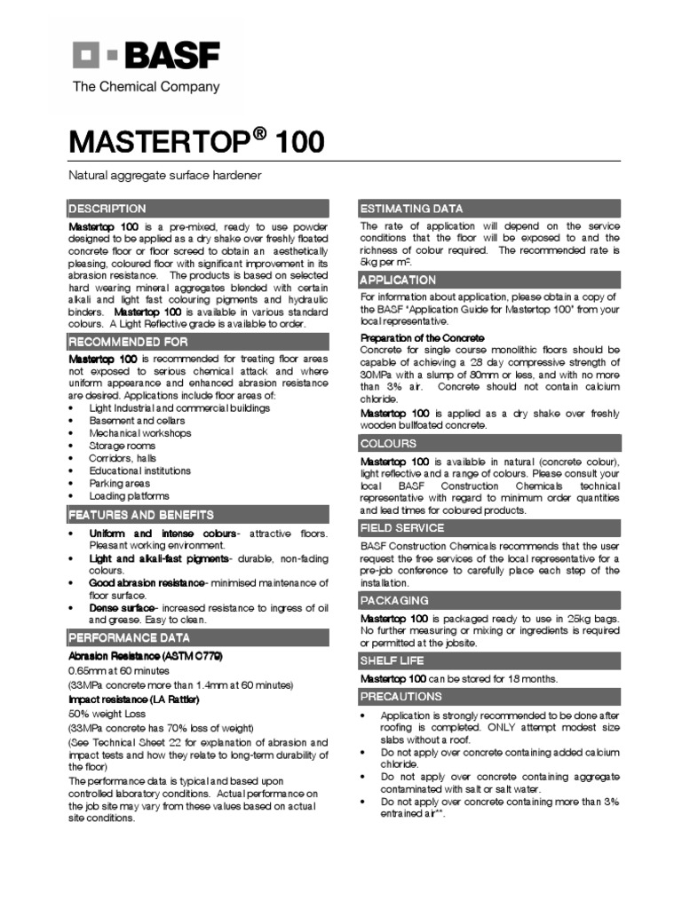 Mastertop 100 Asean 0310 | PDF | Wear | Concrete
