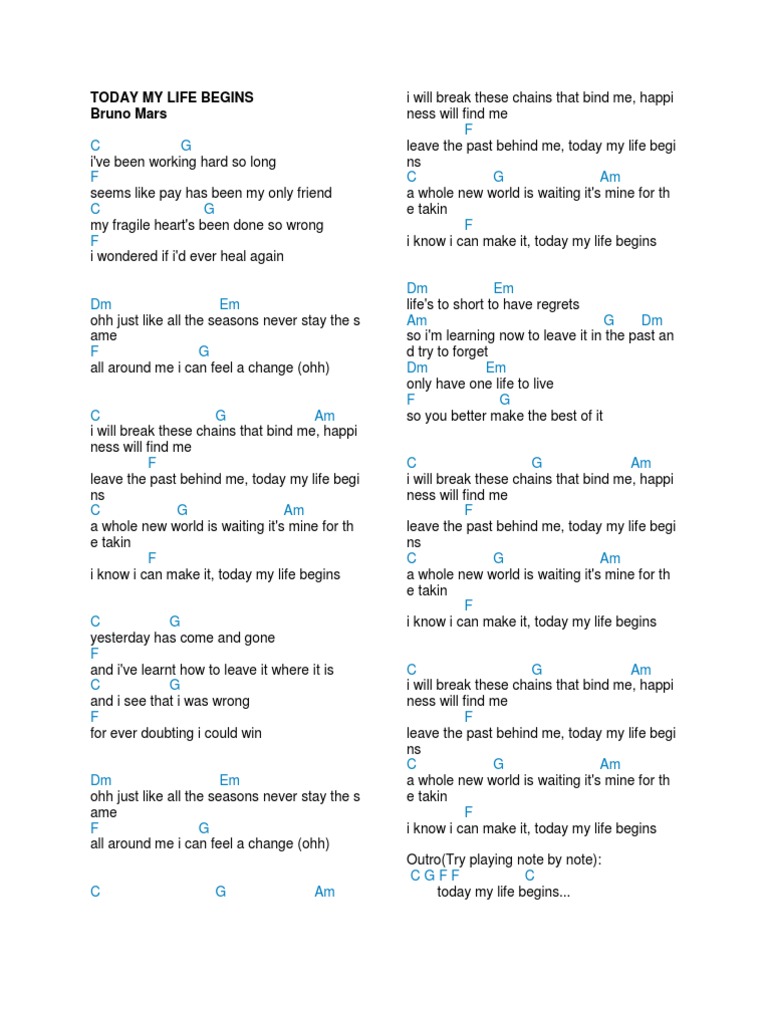 Today my life begins lyrics | Song Structure | Songs