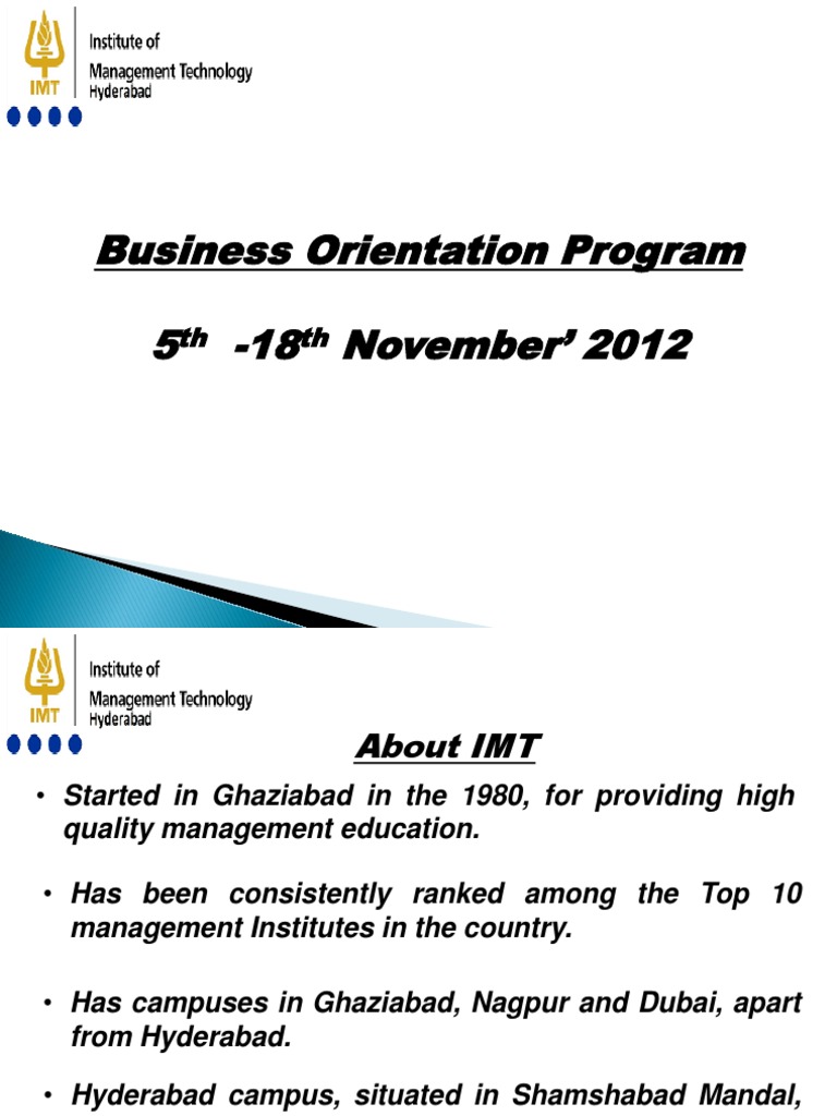 Business Orientation Program (IMT Hyd) | PDF | Business | Further Education